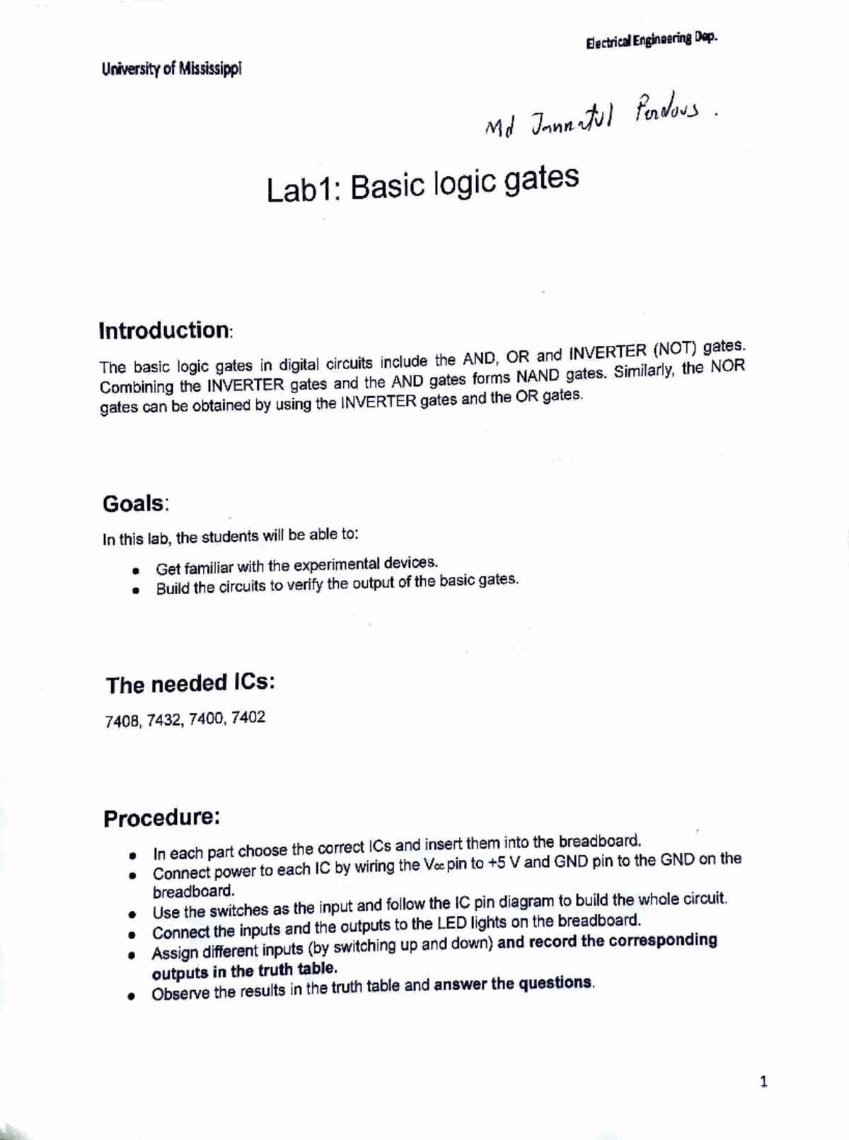 Ferdous Lab1 - Lab work - UniversityofMississippi EJactriealEnptorinSDClp. Lab1: Basic logic ...