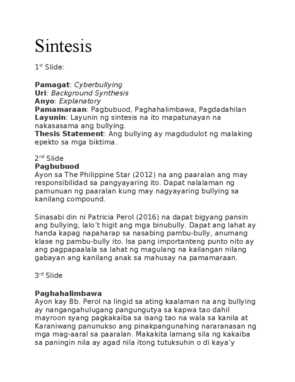 479288404 Halimbawa ng Sintesis - Sintesis 1 st Slide: Pamagat ...