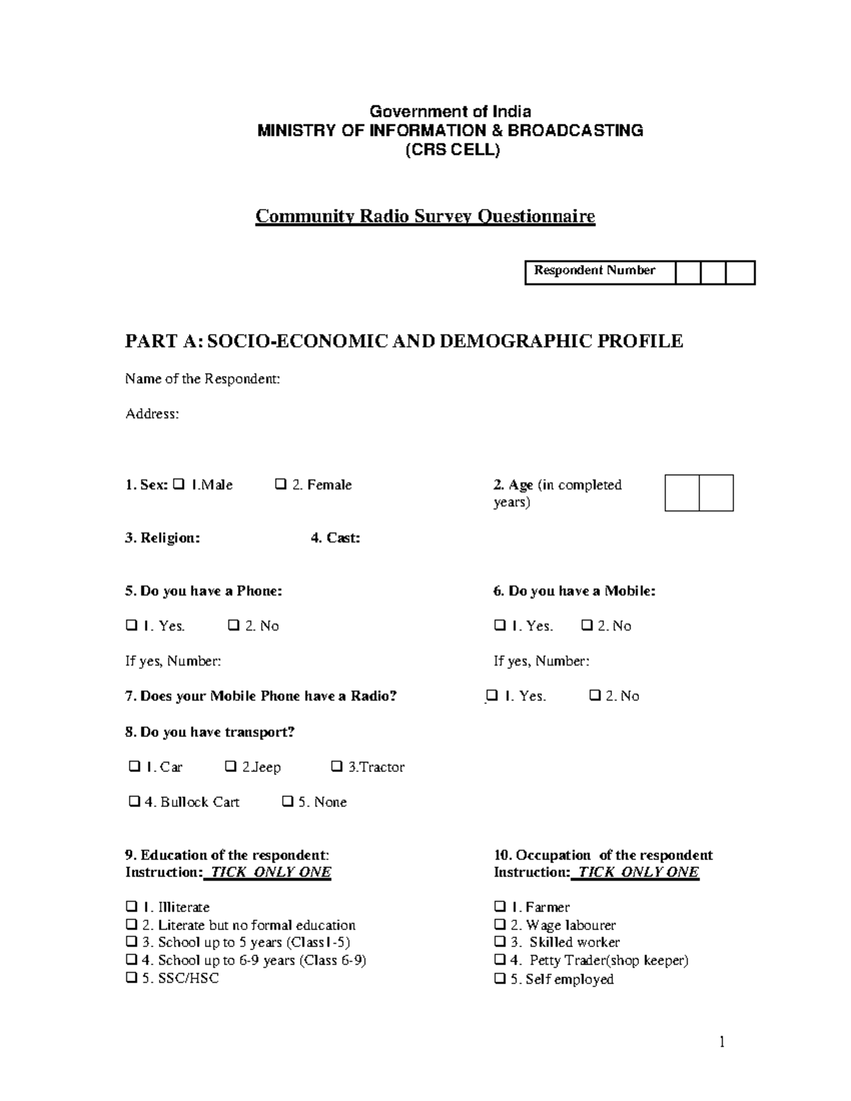 Questionnaire about the socioeconomic profile - Government of India ...
