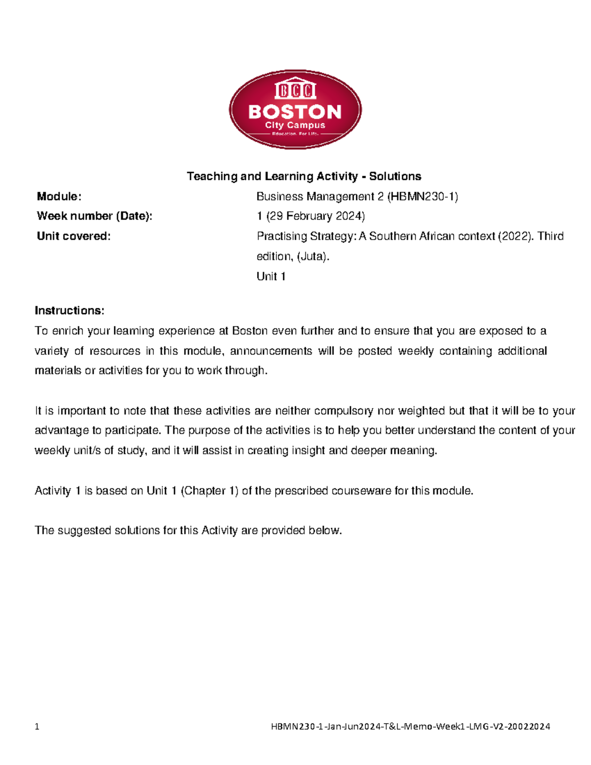 Memo's for weekly activities - 1 HBMN 230 - 1 - Jan-Jun 2024 - T&L-Memo ...