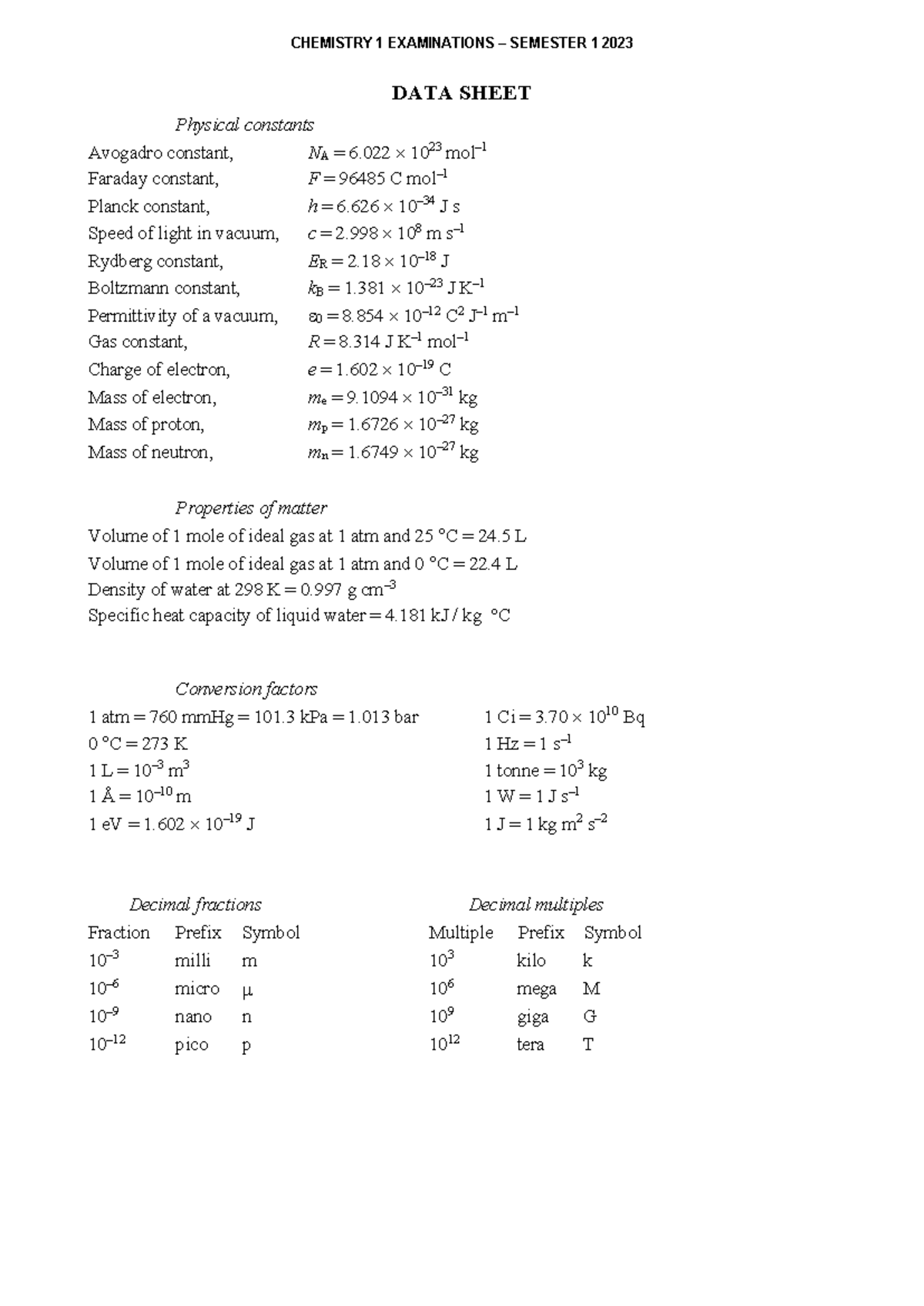 CHEM1A datasheet Sem 1 2023 Final - CHEMISTRY 1 EXAMINATIONS – SEMESTER 1 2023 DATA SHEET ...