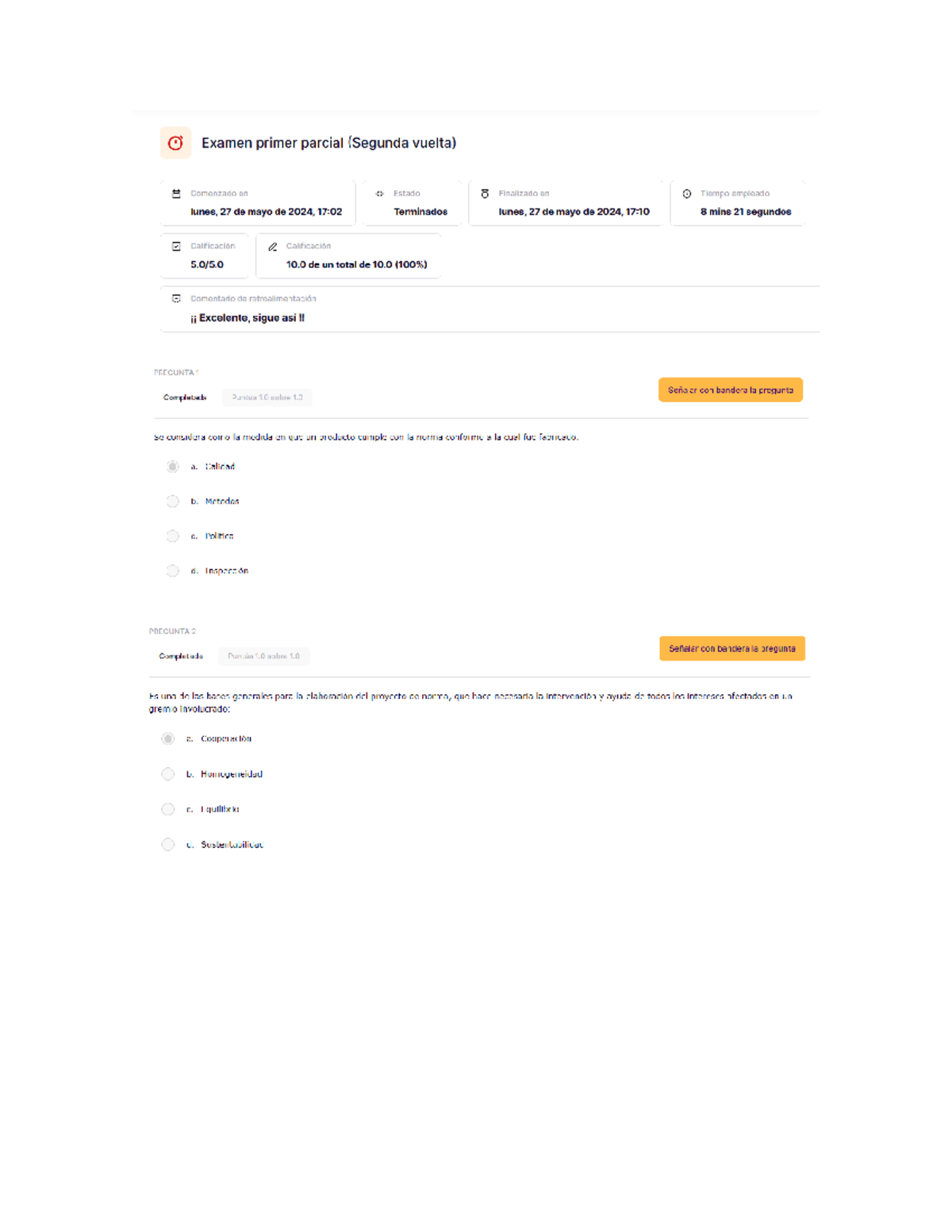 Normas y control de calidad Examen primer parcial (Segunda vuelta) - Examen primer parcial ...