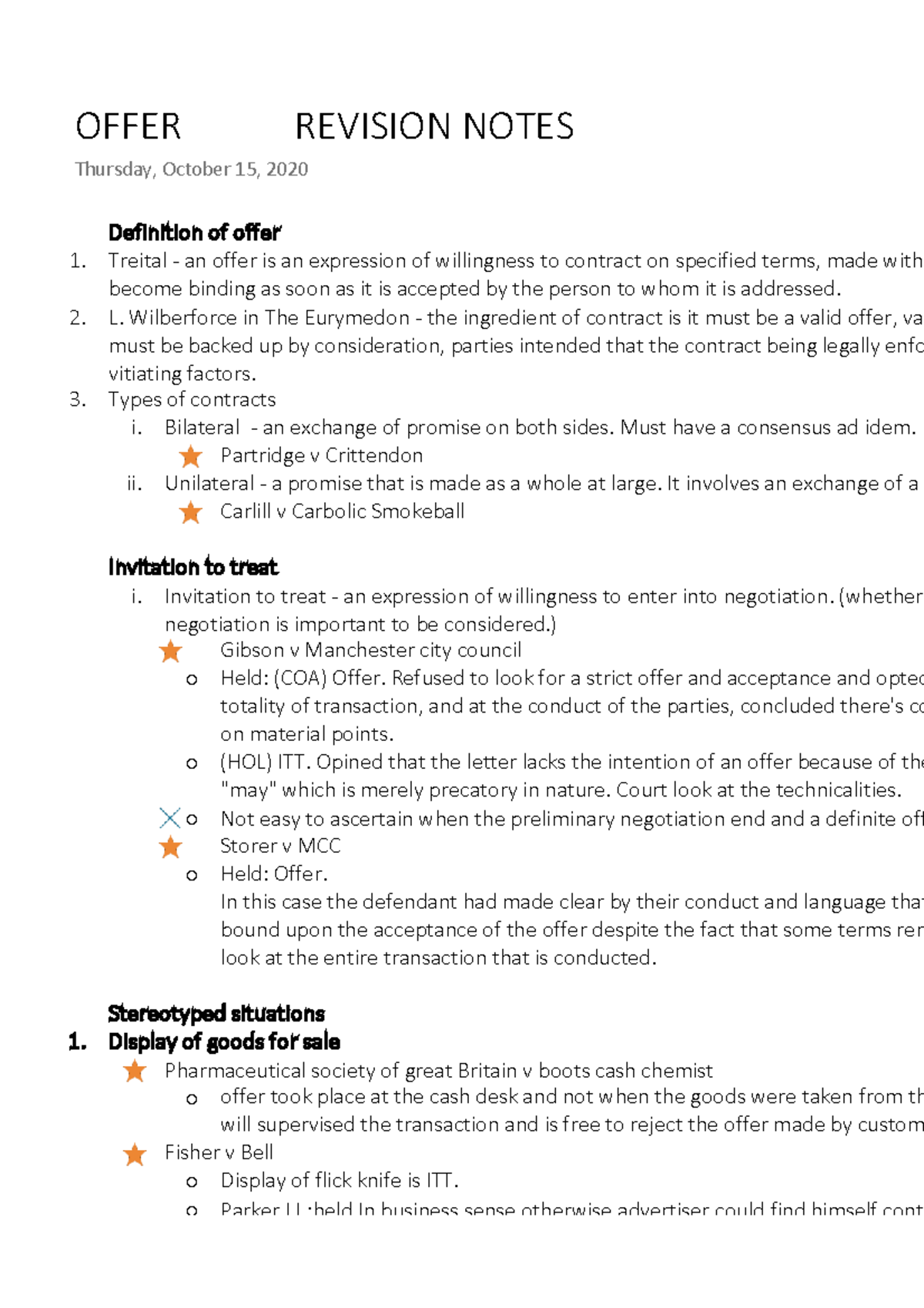 Offer - Revision Notes - Definition of offer Treital - an offer is an ...