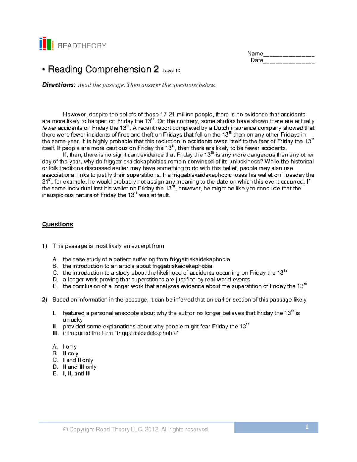 Level 10 Passage 2 - © Copyright Read Theory LLC, 2012. All rights ...