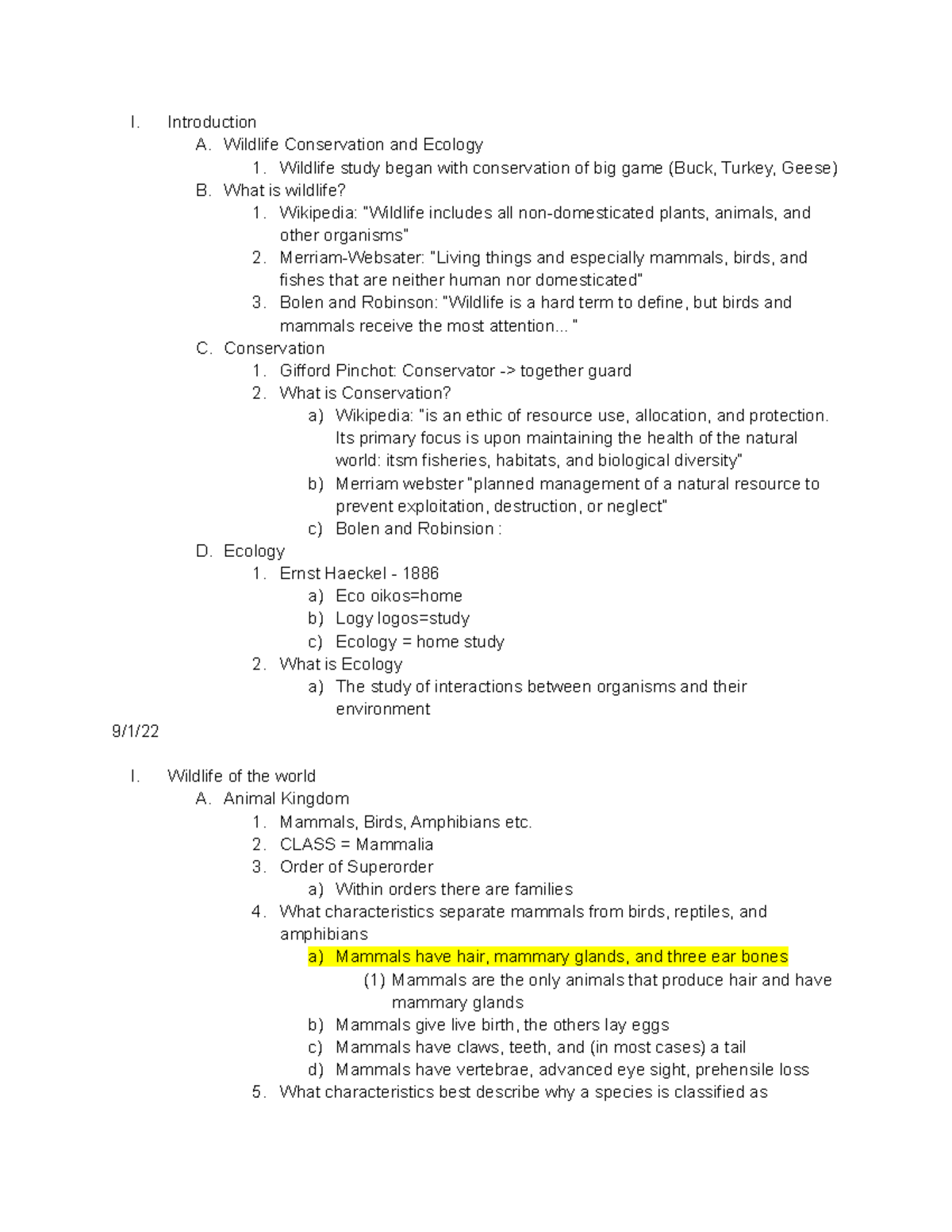 ENWC 201 Notes - I. Introduction A. Wildlife Conservation and Ecology 1 ...