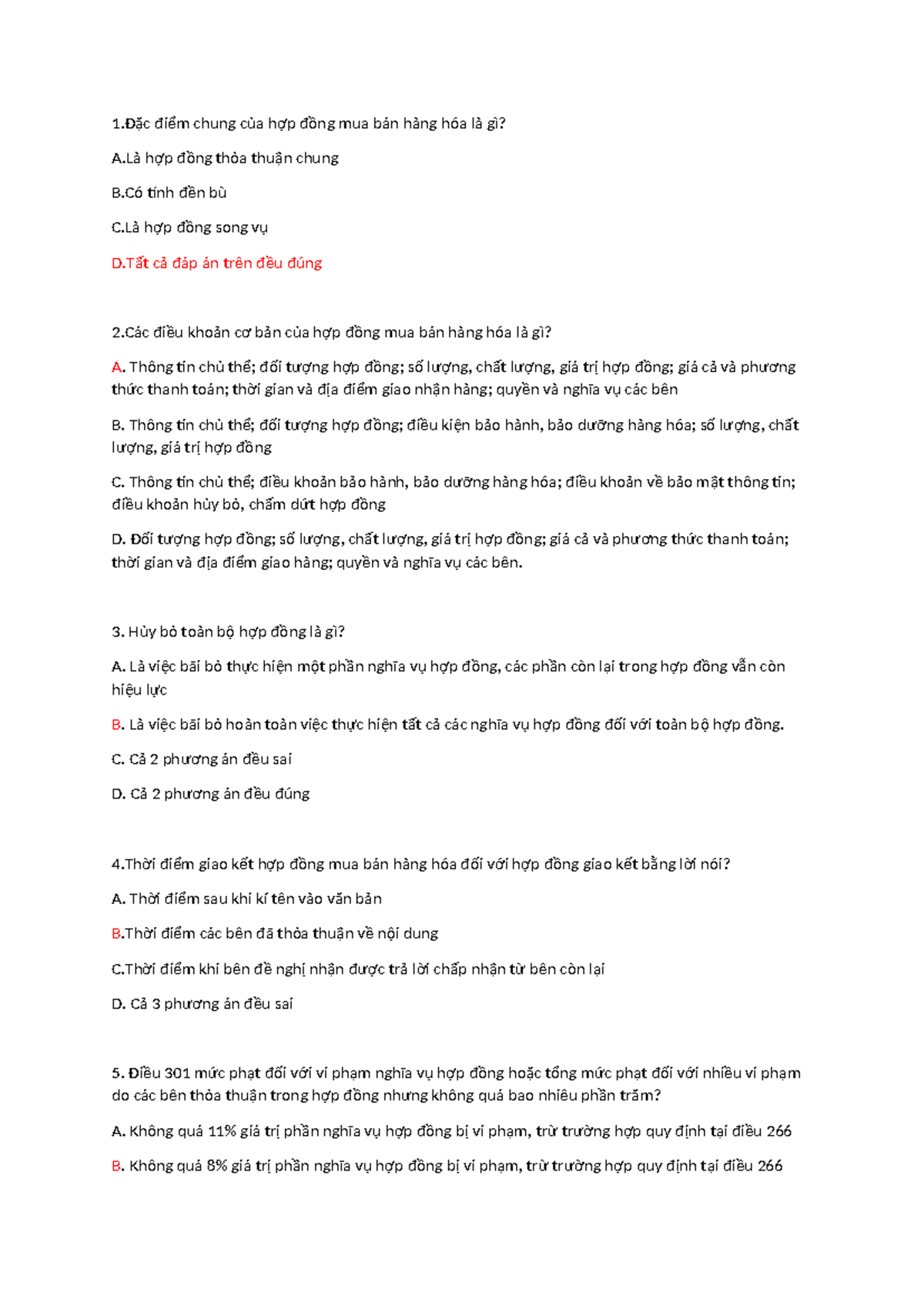 Trắc nghiệm LKD - 1.Đặc điểm chung của hợp đồng mua bán hàng hóa là gì ...