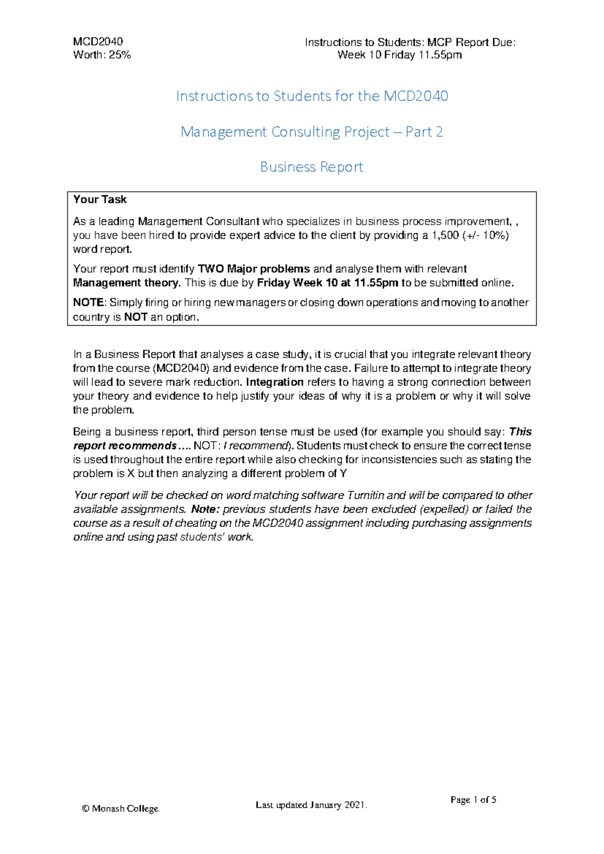 Instructions for MCP Report Part 2 - Worth: 25% Week 10 Friday 11 Last ...