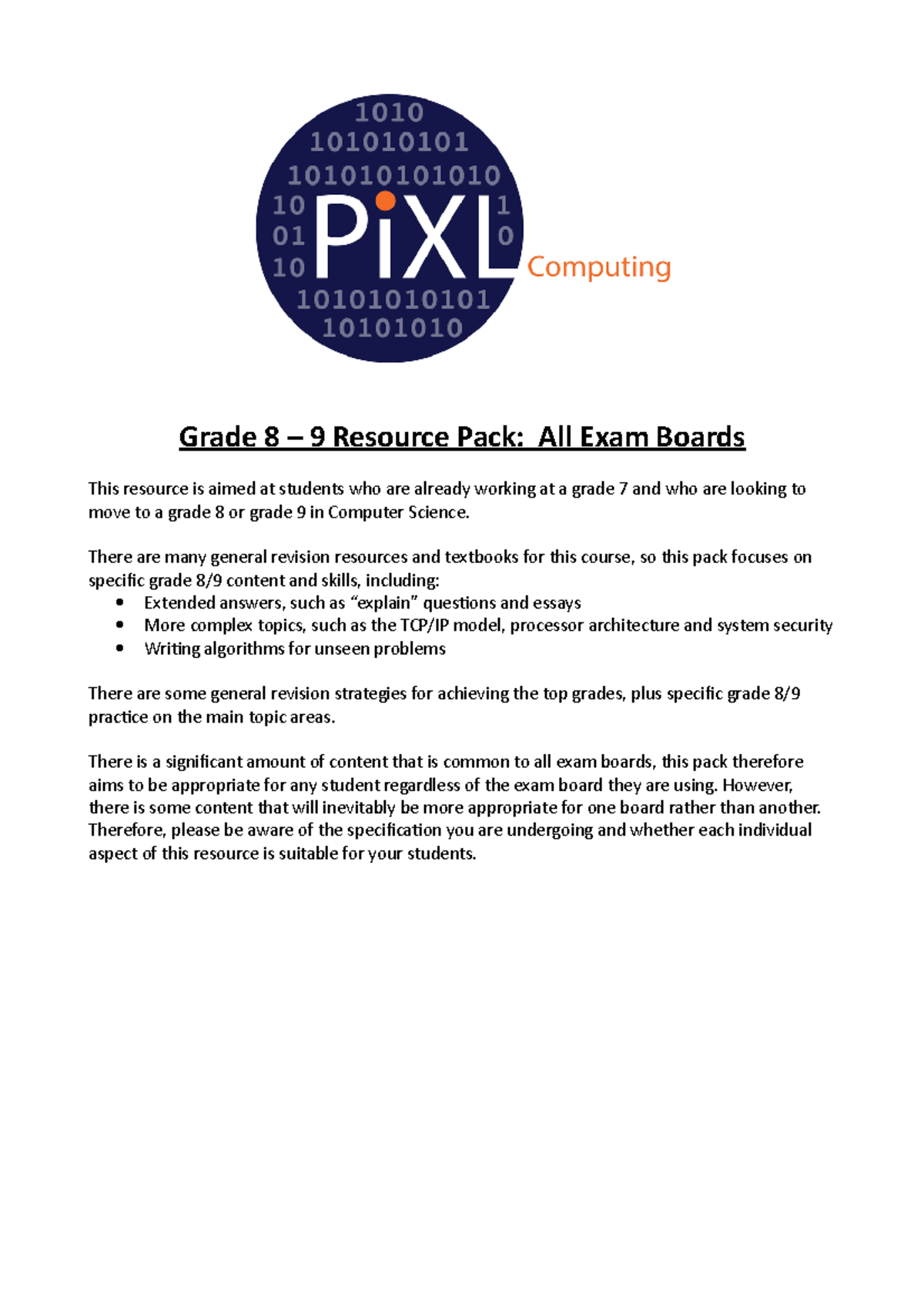 Computer Science summary pack - Grade 8 – 9 Resource Pack: All Exam ...