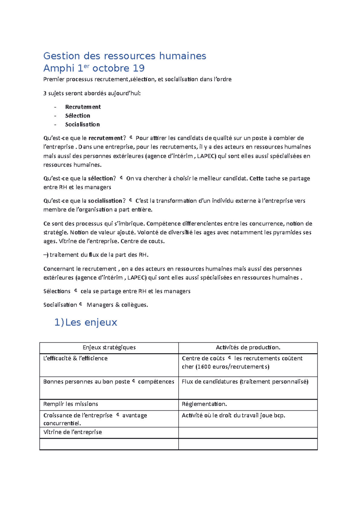 Amphi 1er Octobre 19 Gestion Des Ressources Humaines Amphi 1er
