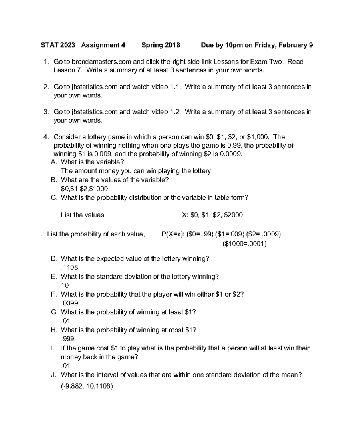 Assignment 4 STAT 2023 due Friday, February 9 - STAT 2023 Assignment 4 ...