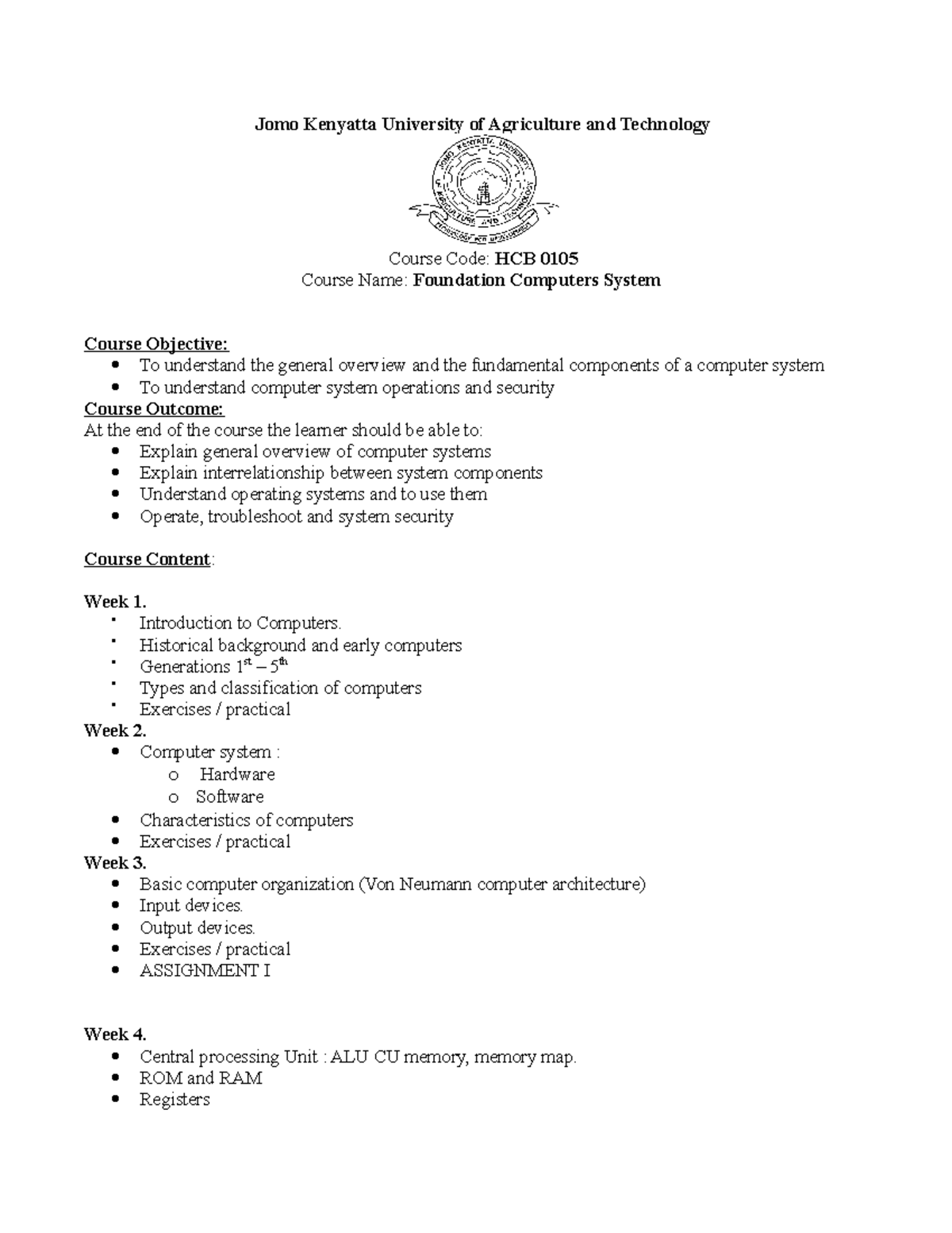 Foundation of computer systems course outline - Jomo Kenyatta ...