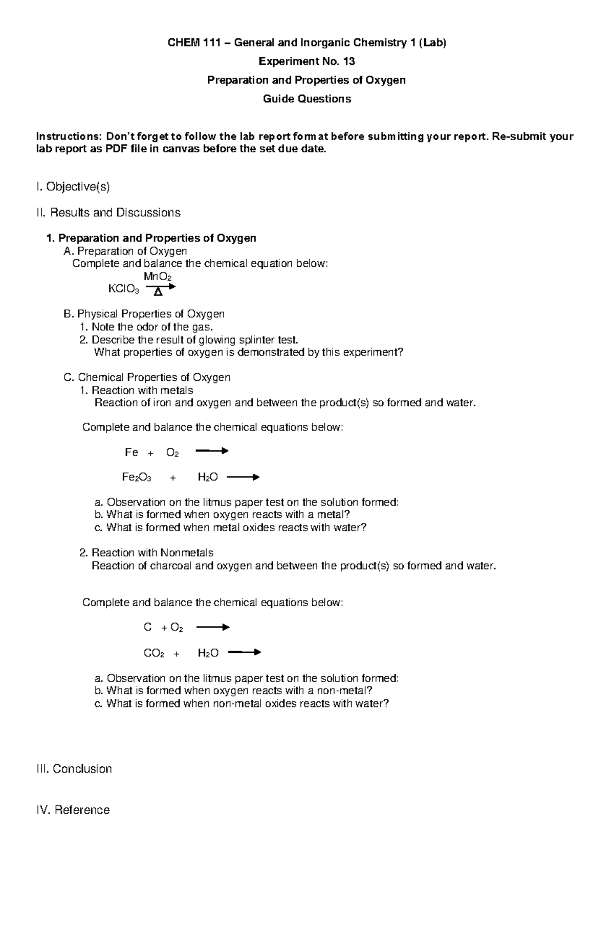 Expt. No. 13 - Preparation and Properties of Oxygen - CHEM 111 ...