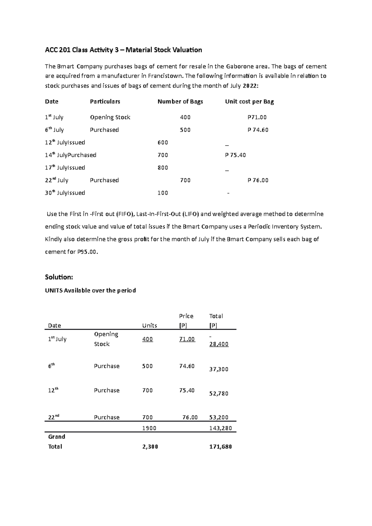 ACC 201 Tutorial with solution - ACC 201 Class Activity 3 – Material ...