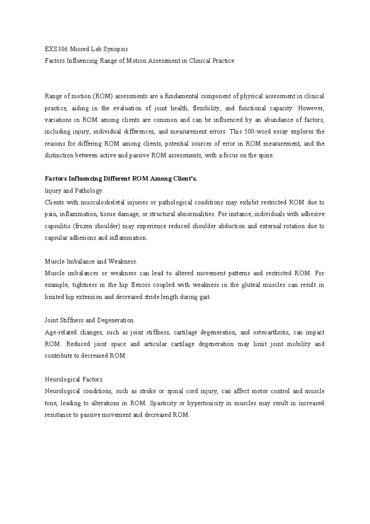 Lab 1 Missed Lab Synopsis Chloe Heaton - EXS306 Missed Lab Synopsis ...