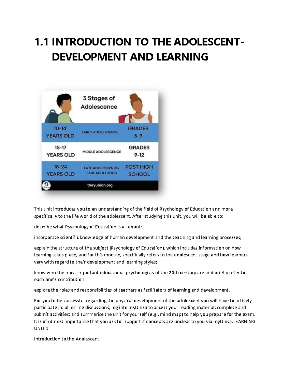 PED learning Units - 1 INTRODUCTION TO THE ADOLESCENT- DEVELOPMENT AND ...