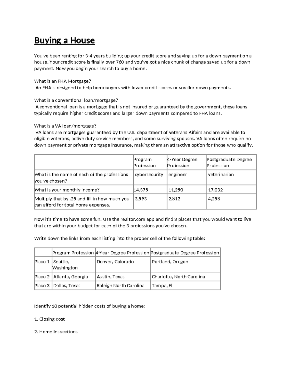 1.3.1 Major Expenses Act 3 (House) - Buying a House You've been renting ...