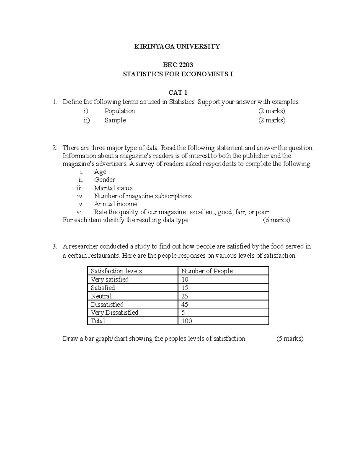 CAT 1 BEC 2203 - For revision - KIRINYAGA UNIVERSITY BEC 2203 STATISTICS FOR ECONOMISTS I CAT 1 ...