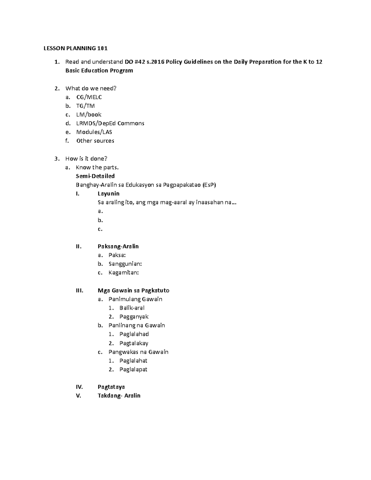 Guide in Creating Lesson Plan - LESSON PLANNING 101 1. Read and ...