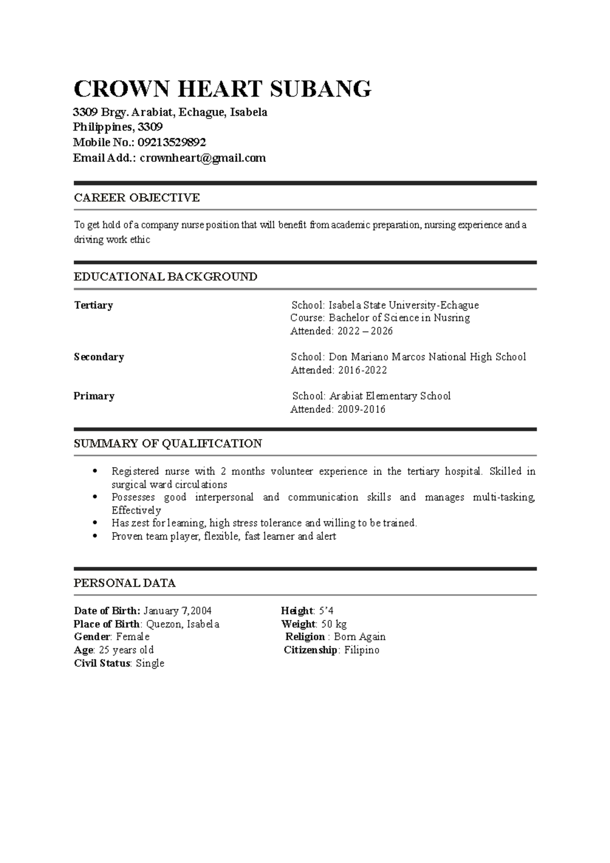 Resume for work immersion, preparing for collage. - CROWN HEART SUBANG ...