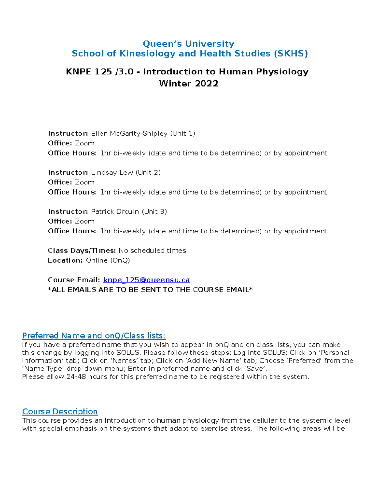 KNPE 125 Course Outline W2022 - Queen’s University School of ...