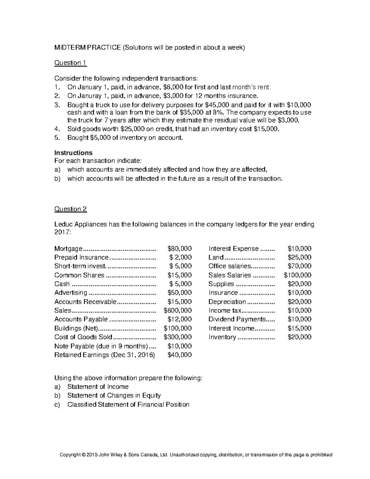 Midterm practice -sample questions - MIDTERM PRACTICE (Solutions will be posted in about a week ...