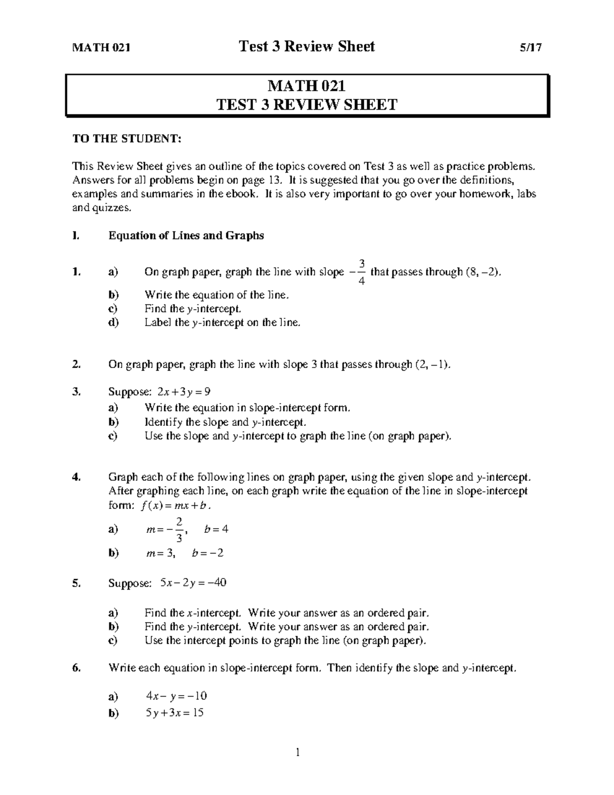 Test 3 Review Sheet 5-11-17 - MATH 021 TEST 3 REVIEW SHEET TO THE ...