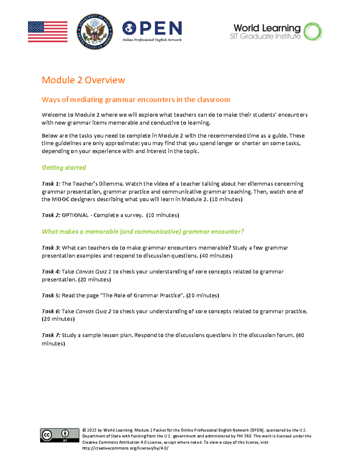 Module 2 Packet TGC MOOC Spring 2023 - © 2023 by World Learning. Module ...