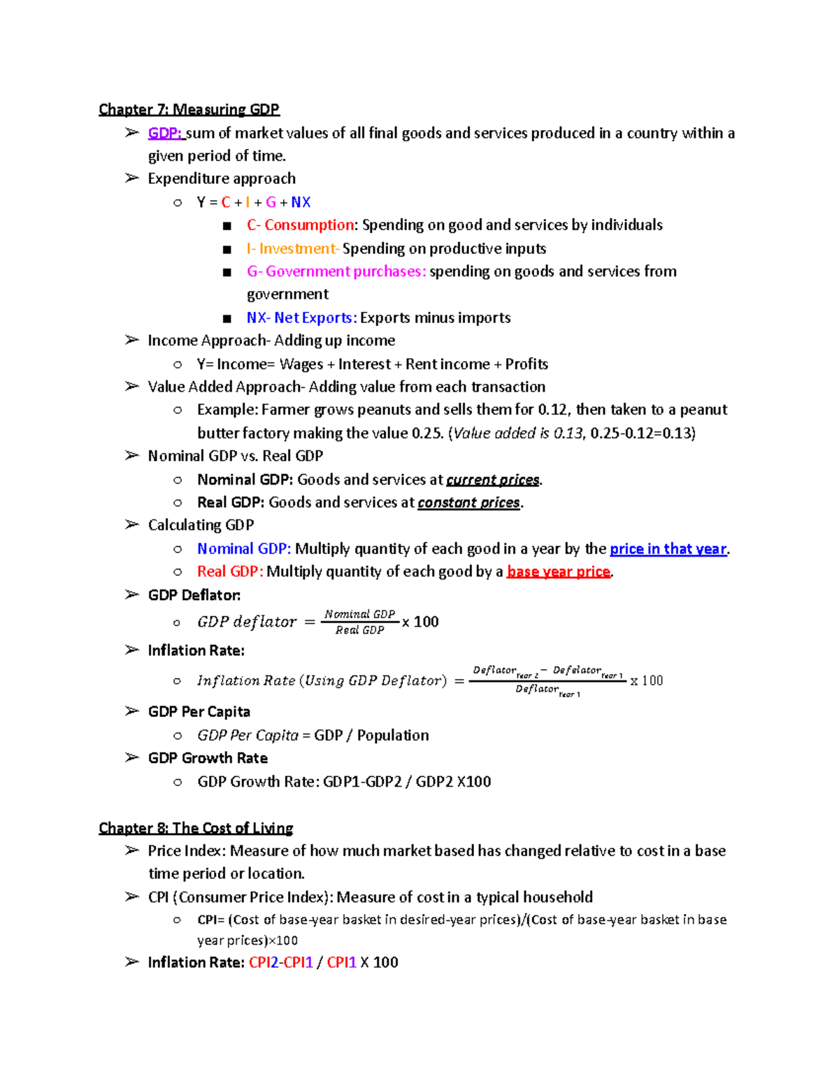 ECO 1002 Midterm Notes - Chapter 7: Measuring GDP GDP: sum of market ...