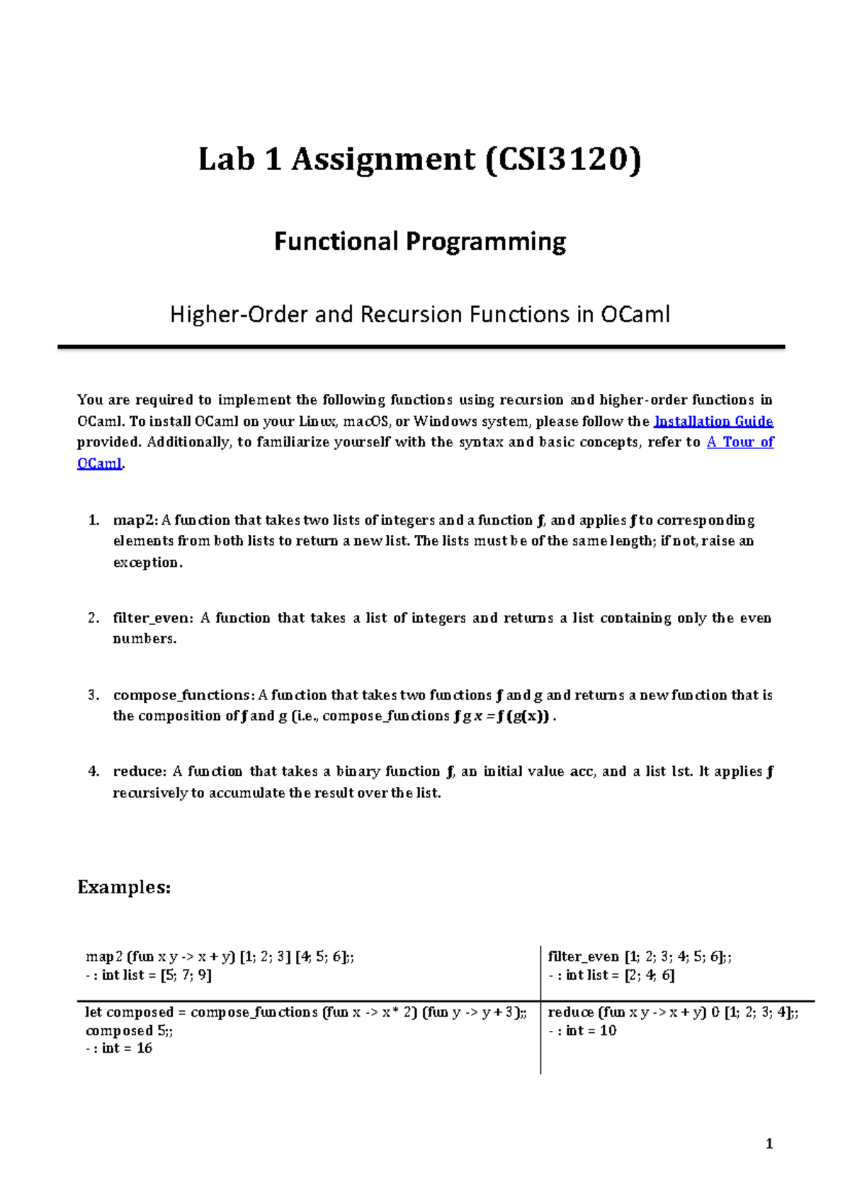 Lab1 - Lab 1 for CSI3120 - 1 Lab 1 Assignment (CSI3120) Functional Programming Higher-Order and ...