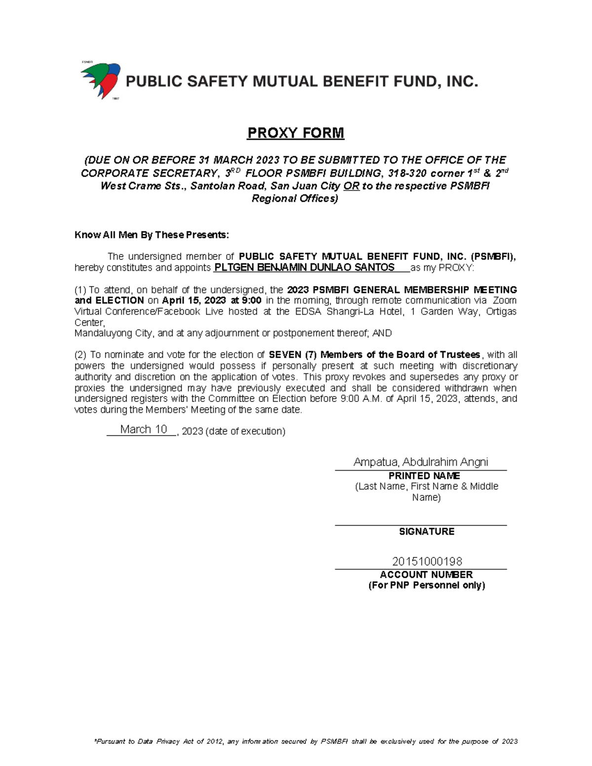 Ampatua Psmbfi Proxy Form Individual - PROXY FORM (DUE ON OR BEFORE 31 ...