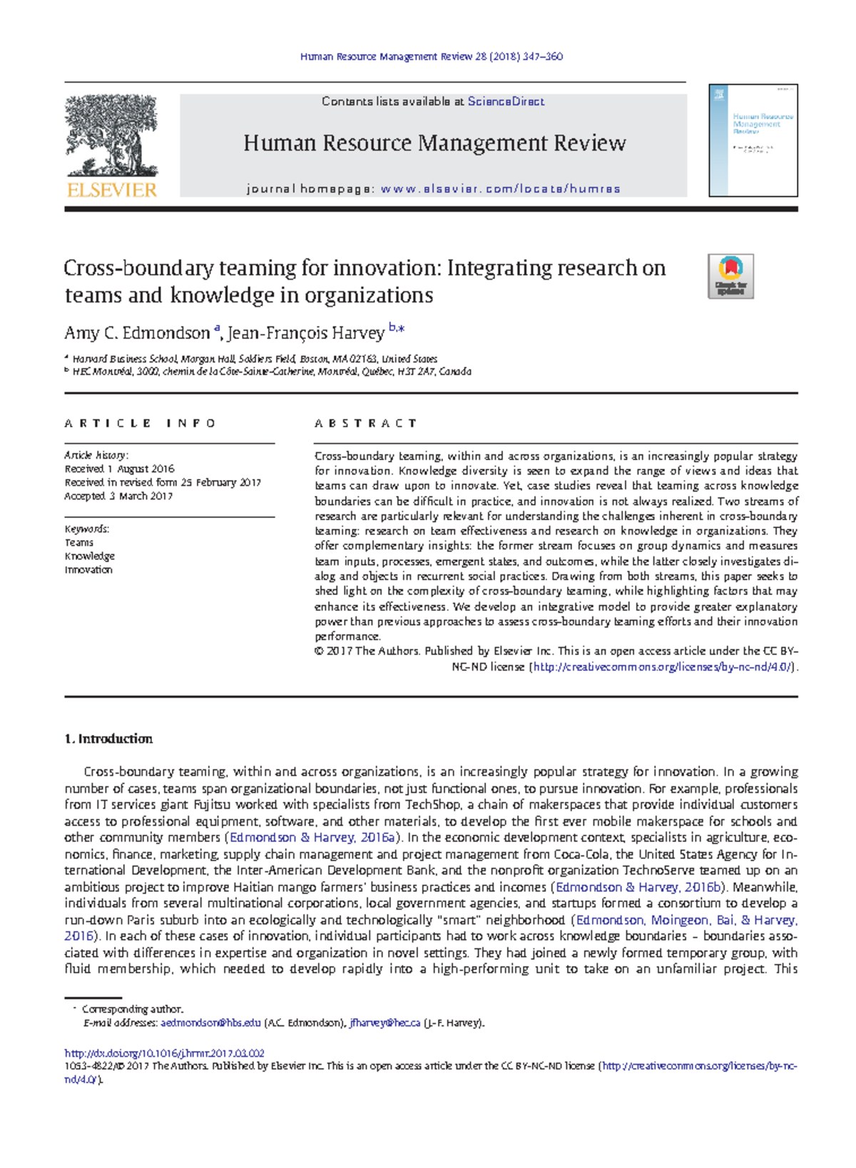 Edmondson and Harvey 2018 - Cross-boundary teaming for innovation ...