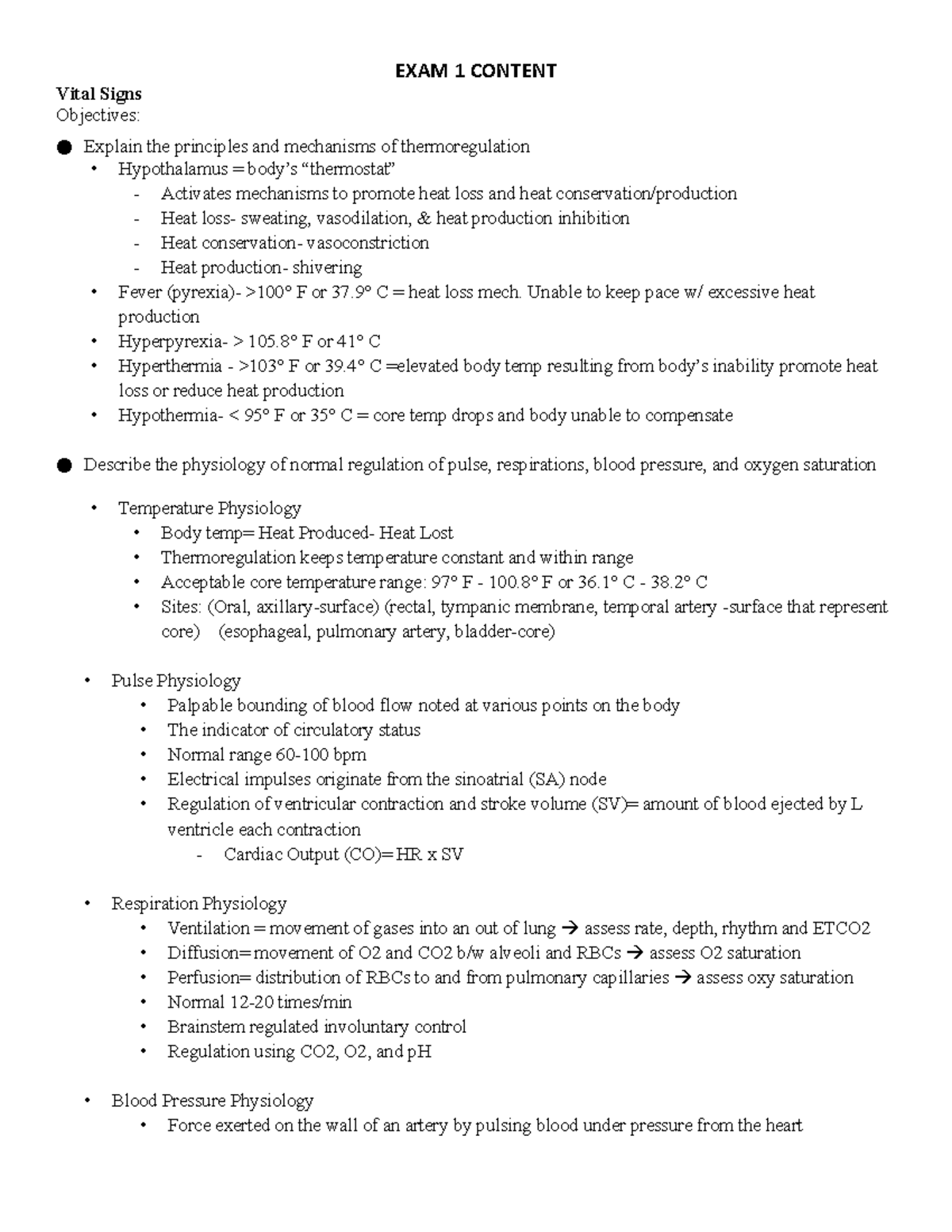 Exam 1 Study Guide - NRS 104 - EXAM 1 CONTENT Vital Signs Objectives ...