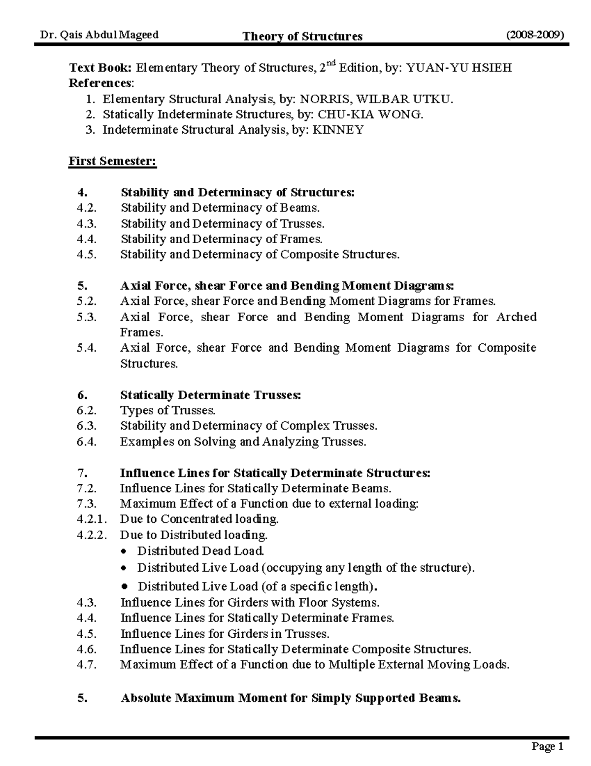 Theory of Structures Text Book Elementary Theory of Structures, 2nd ...