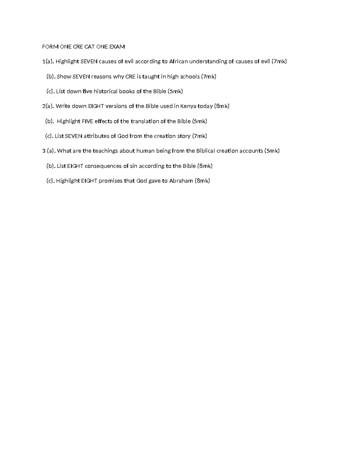 FORM ONE CRE CA-WPS Office - FORM ONE CRE CAT ONE EXAM 1(a). Highlight ...