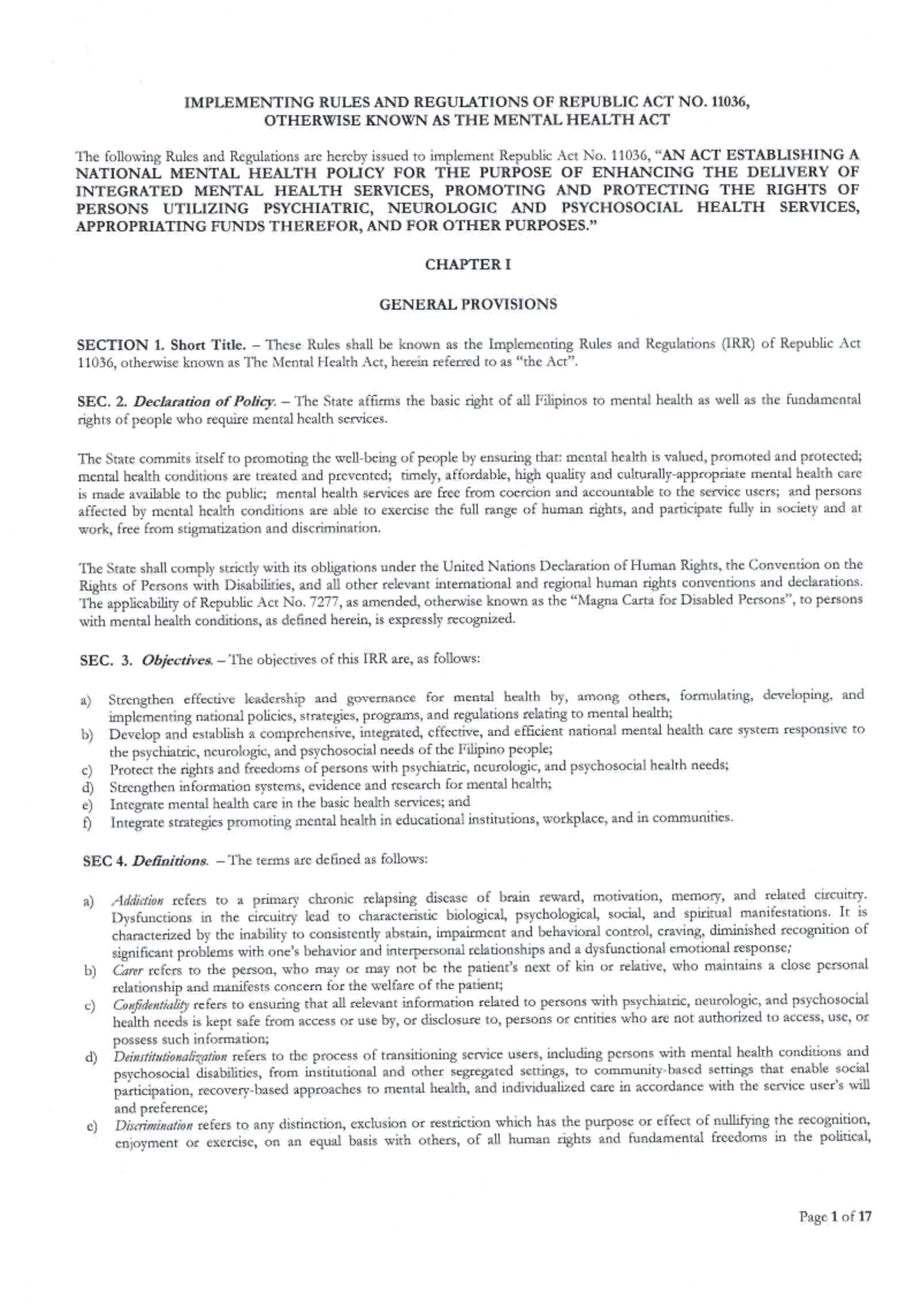 IRR of RA 11036 - Review na kayo - General Psychology - Studocu