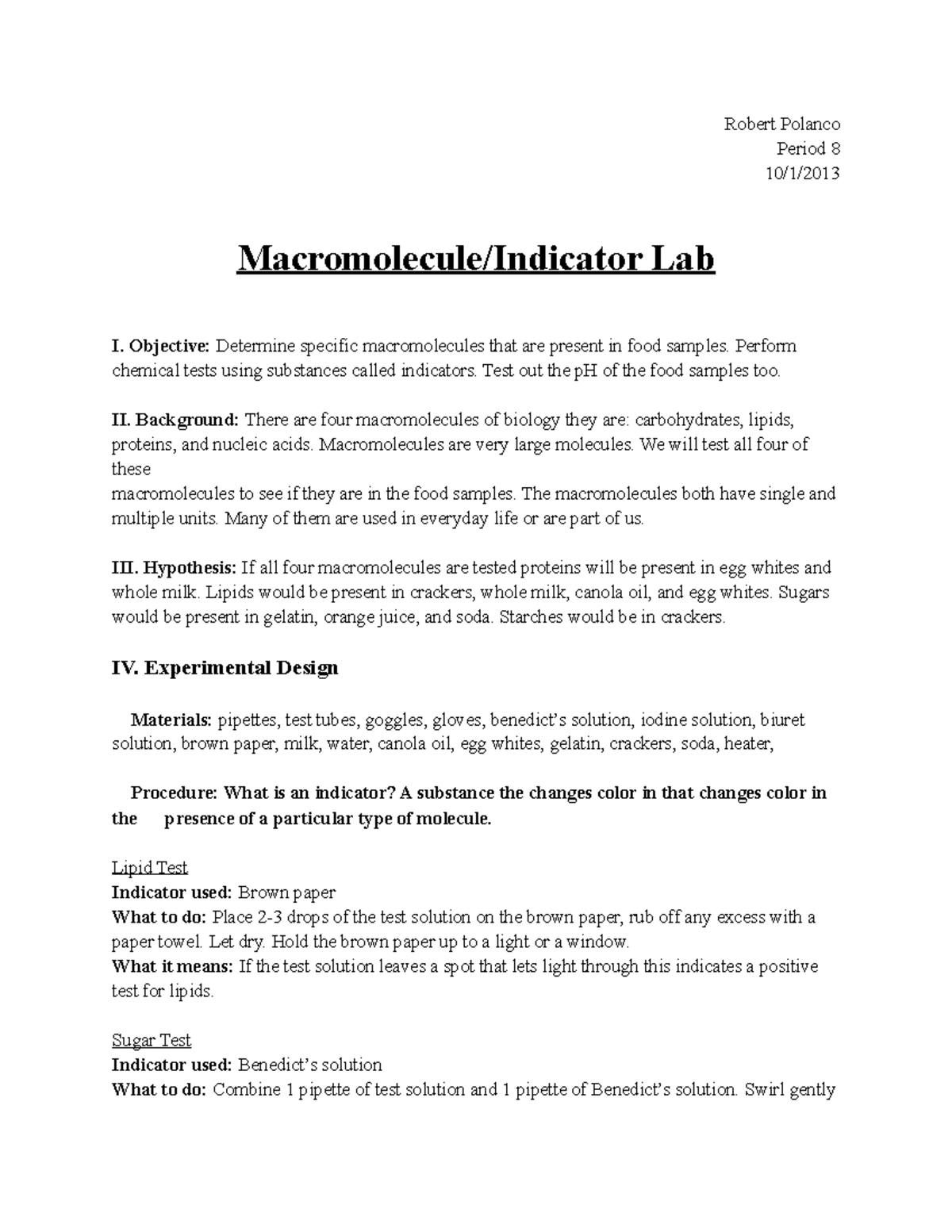 Biology Lab Report 1 - Biochemistry - Robert Polanco Period 8 10/1 ...