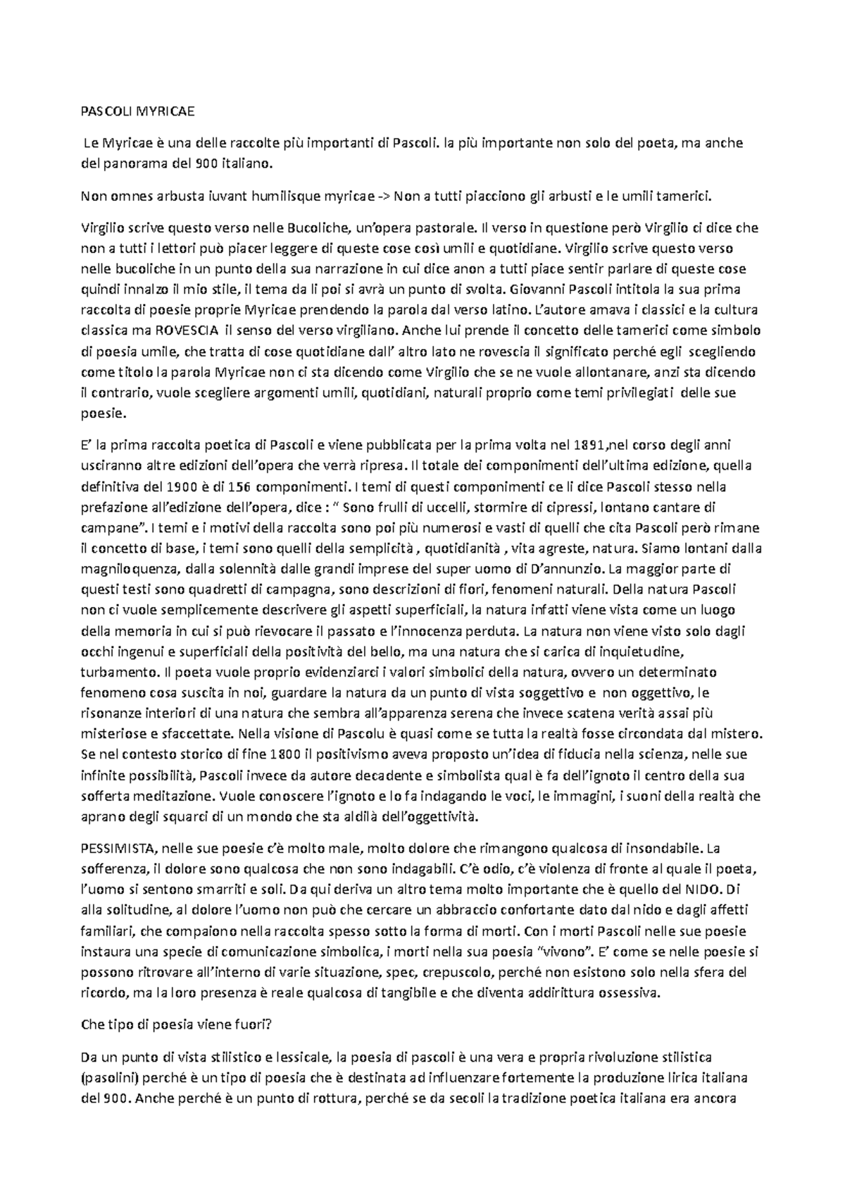 Pascoli Myricae - PASCOLI MYRICAE Le Myricae è una delle raccolte più ...