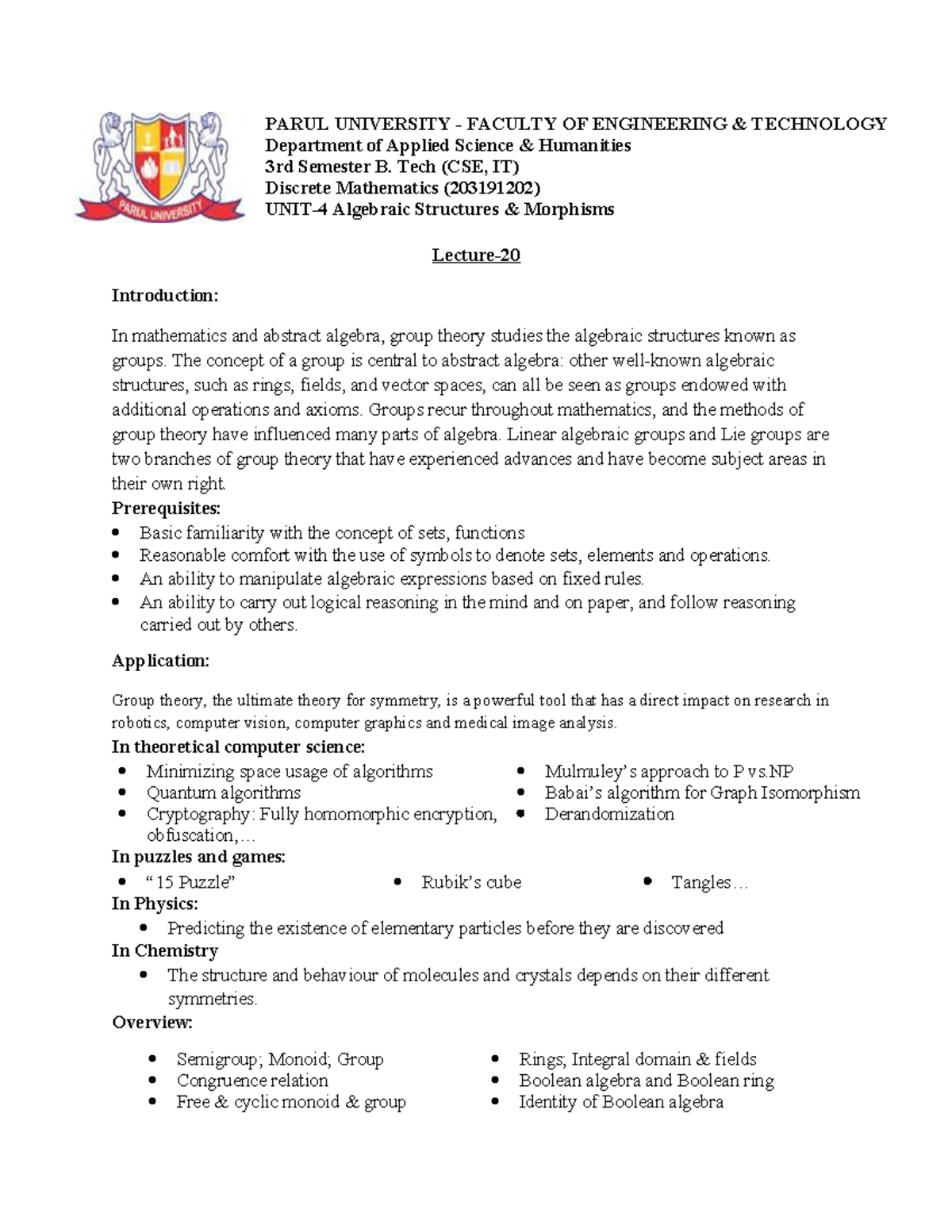 DM - Ch.4 (Algebraic Structures Morphisms) - PARUL UNIVERSITY - FACULTY OF ENGINEERING & - Studocu