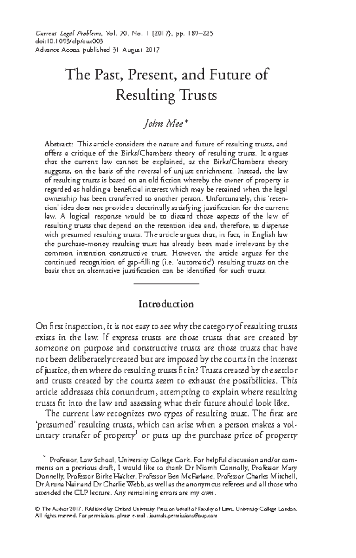 John Mee – The Past, Present and Future of Resulting Trusts - The Past ...