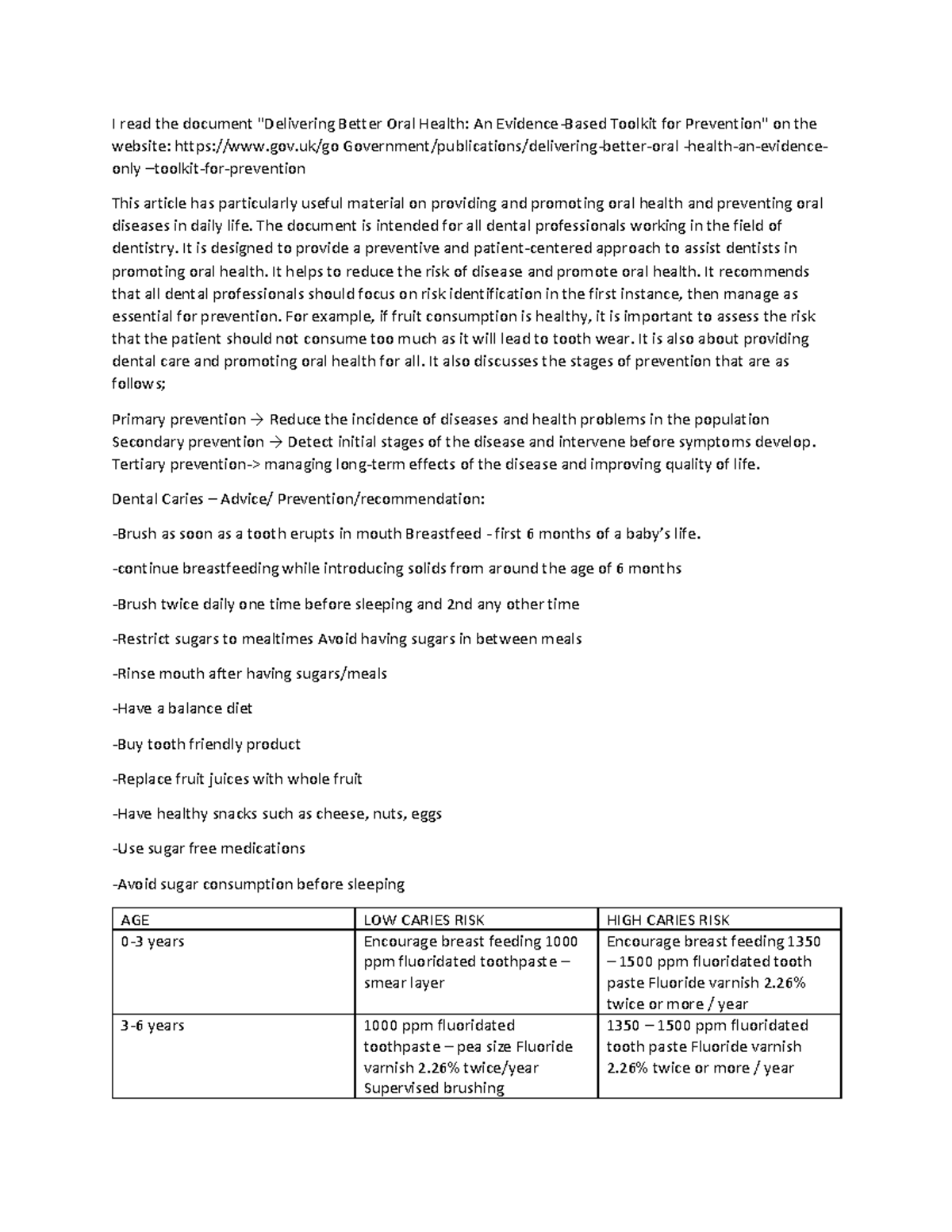 DBOH Final Reflection - I read the document "Delivering Better Oral ...