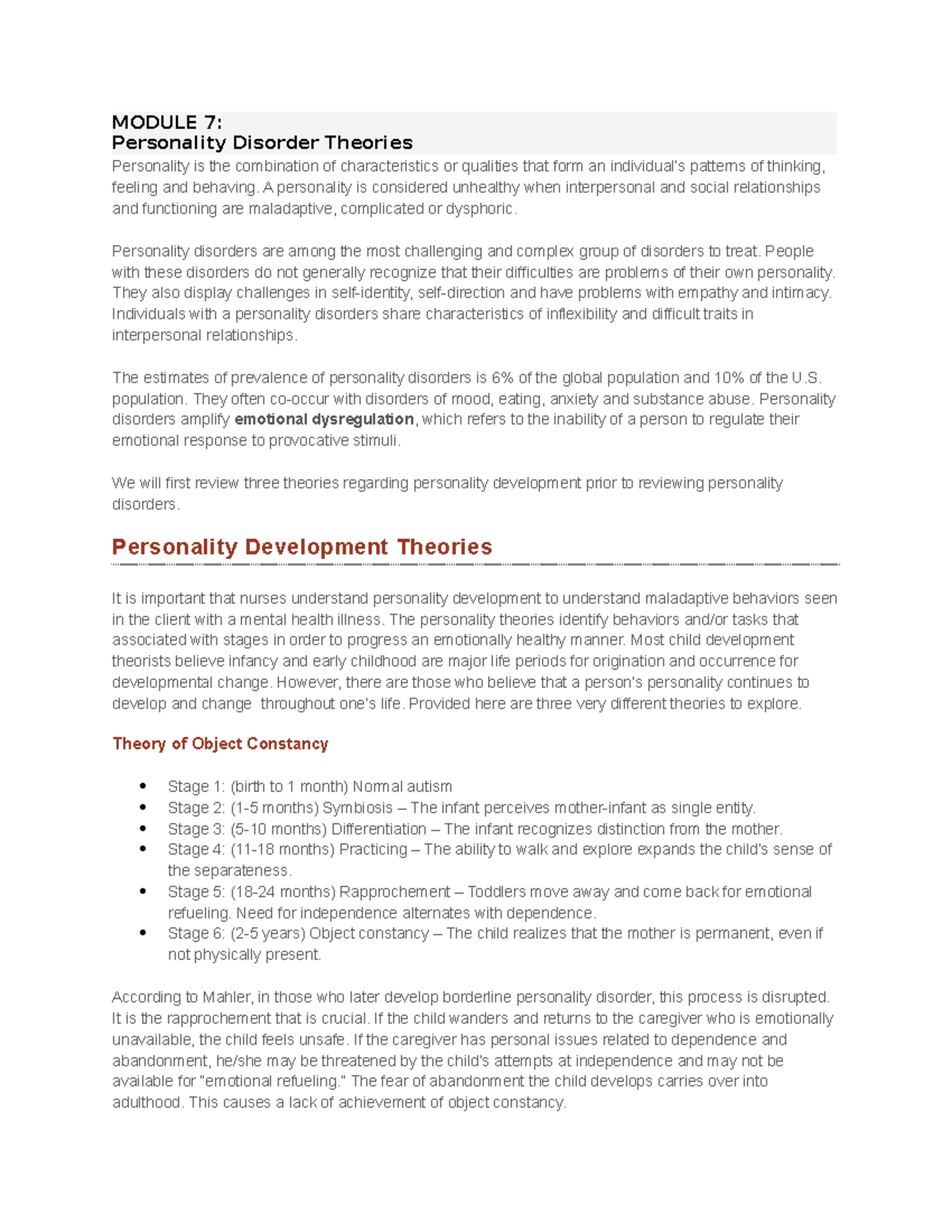 Module 7,8,9,10 - mental health notes - MODULE 7: Personality Disorder ...