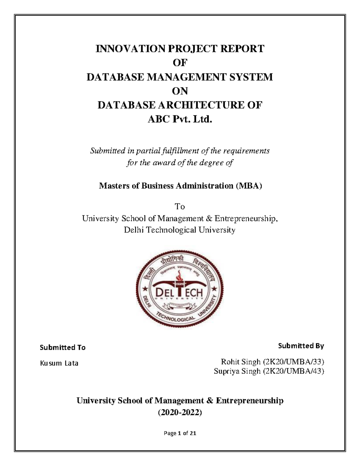 DBMS innovation - INNOVATION PROJECT REPORT OF DATABASE MANAGEMENT ...