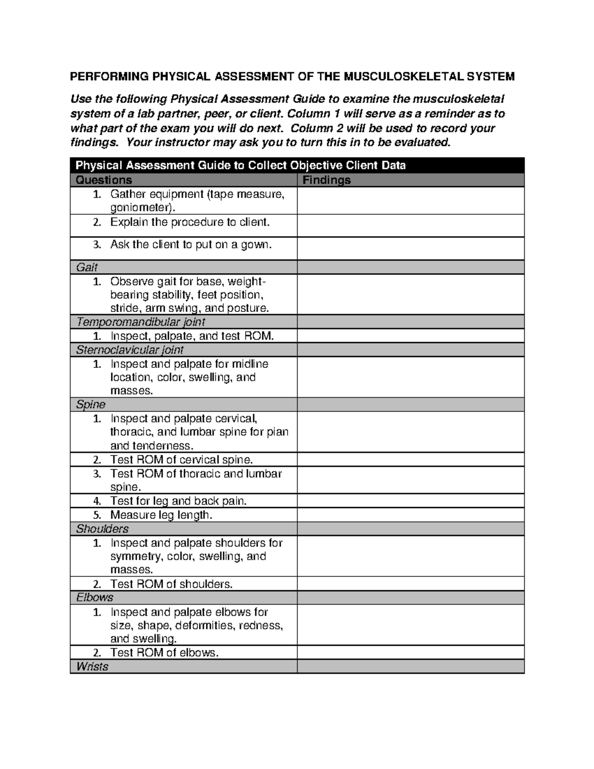 Physical Assessment Guide Musculoskeletal - PERFORMING PHYSICAL ...