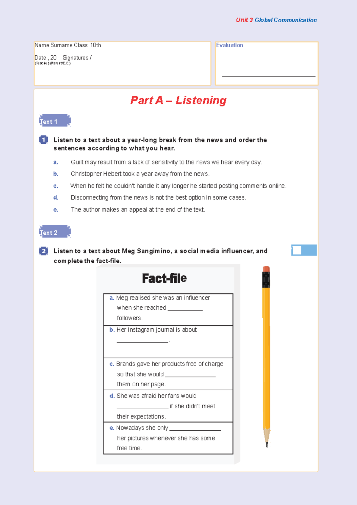 Enga10 mini test 3 listening reading - Listening and reading 3 Unit 3 ...