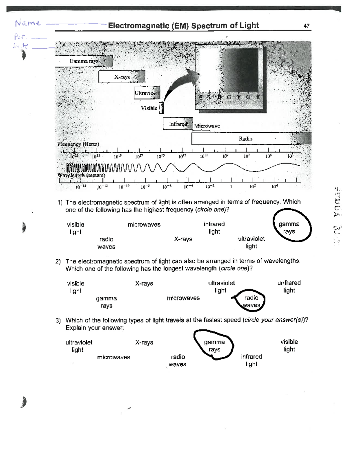 EM spectrum of light worksheet - Studocu