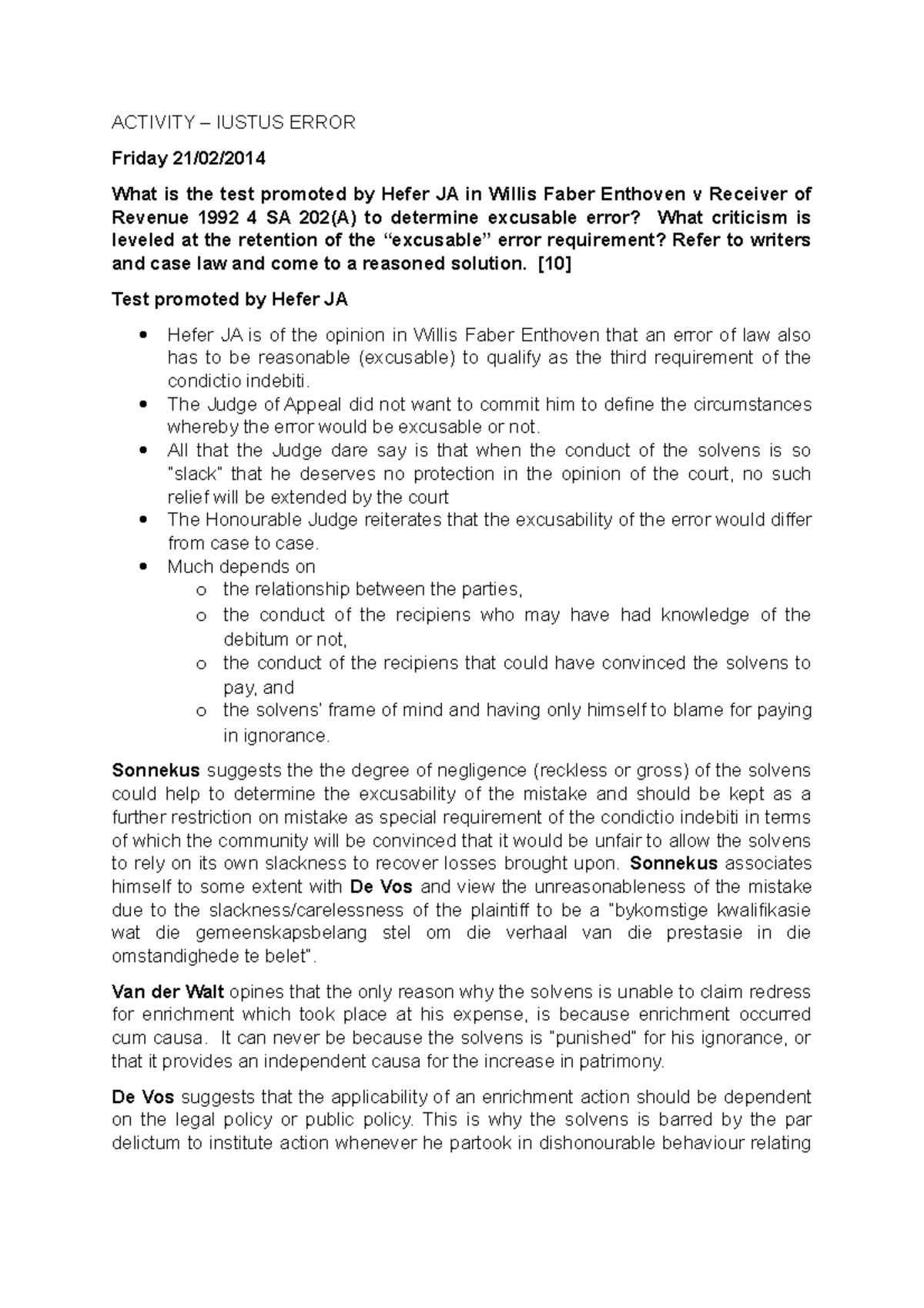 Condictio indebiti pt 3 - lecture notes and summary - ACTIVITY – IUSTUS ...