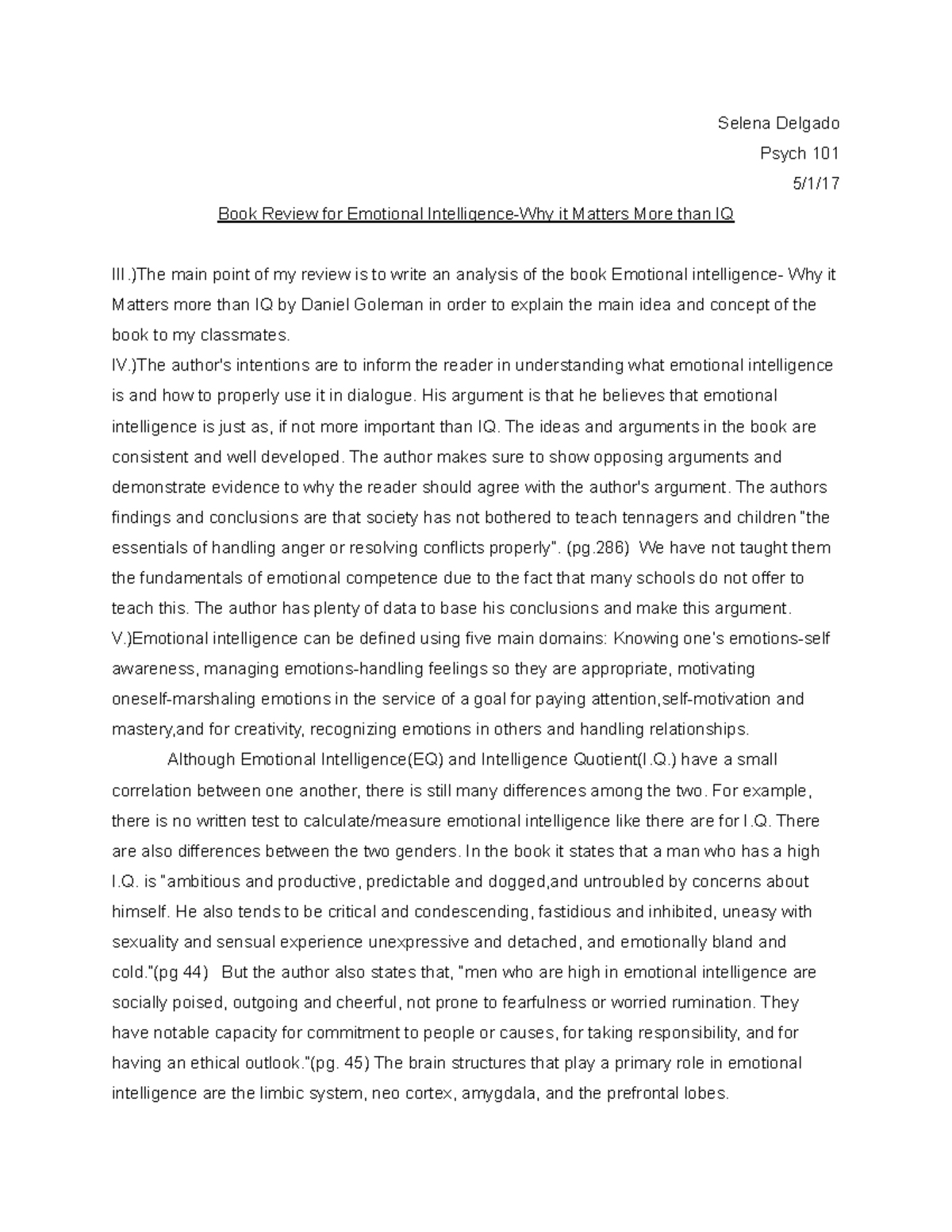 Emotional Intelligence paper - Selena Delgado Psych 101 5/1/ Book ...