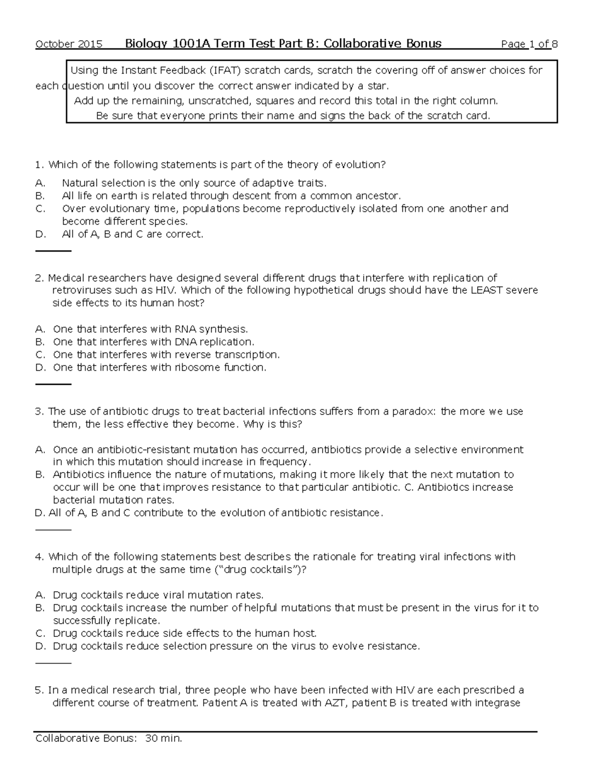 2015 Midterm 1 Q Only - Using the Instant Feedback (IFAT) scratch cards ...