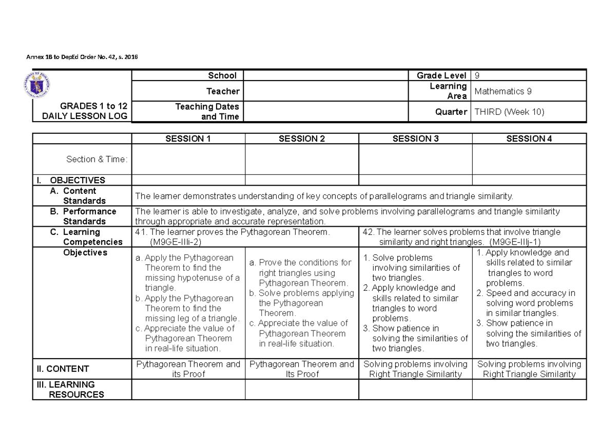 DLL-10th-week 60-71 - Ghyejd - Annex 1B to DepEd Order No. 42, s. 2016 GRADES 1 to 12 DAILY ...