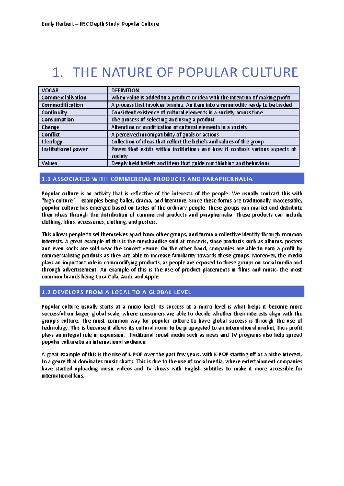 HSC Depth Study - Popular Culture - THE NATURE OF POPULAR CULTURE VOCAB ...
